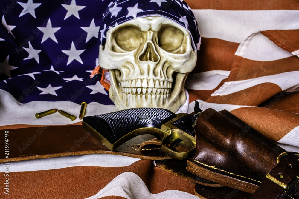 human skull with american flag skull cap and leather holster with black ...