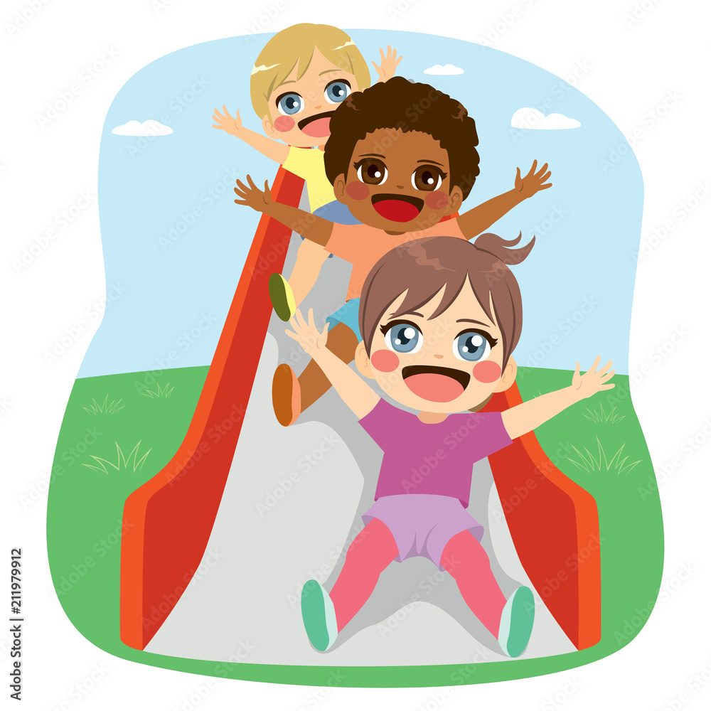 Cute little friends kids having fun on slide playground together at ...