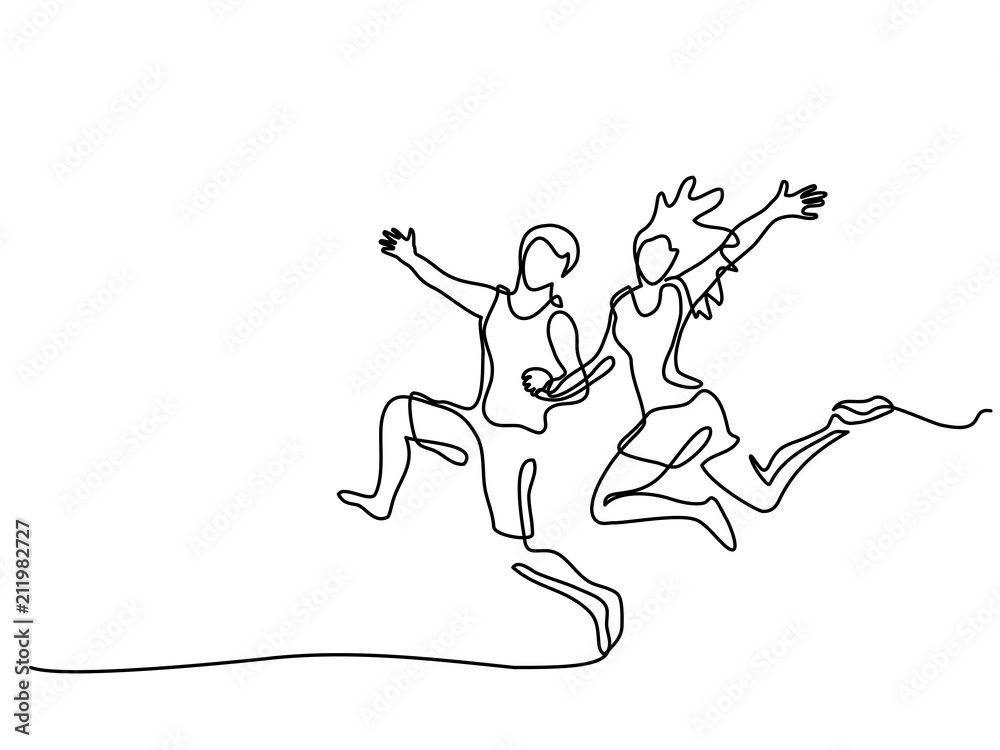 Happy running couple. Continuous one line drawing. Vector illustration ...