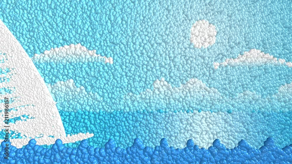 Animated movie of the sea theme in 3D space. The yacht sails on the ...