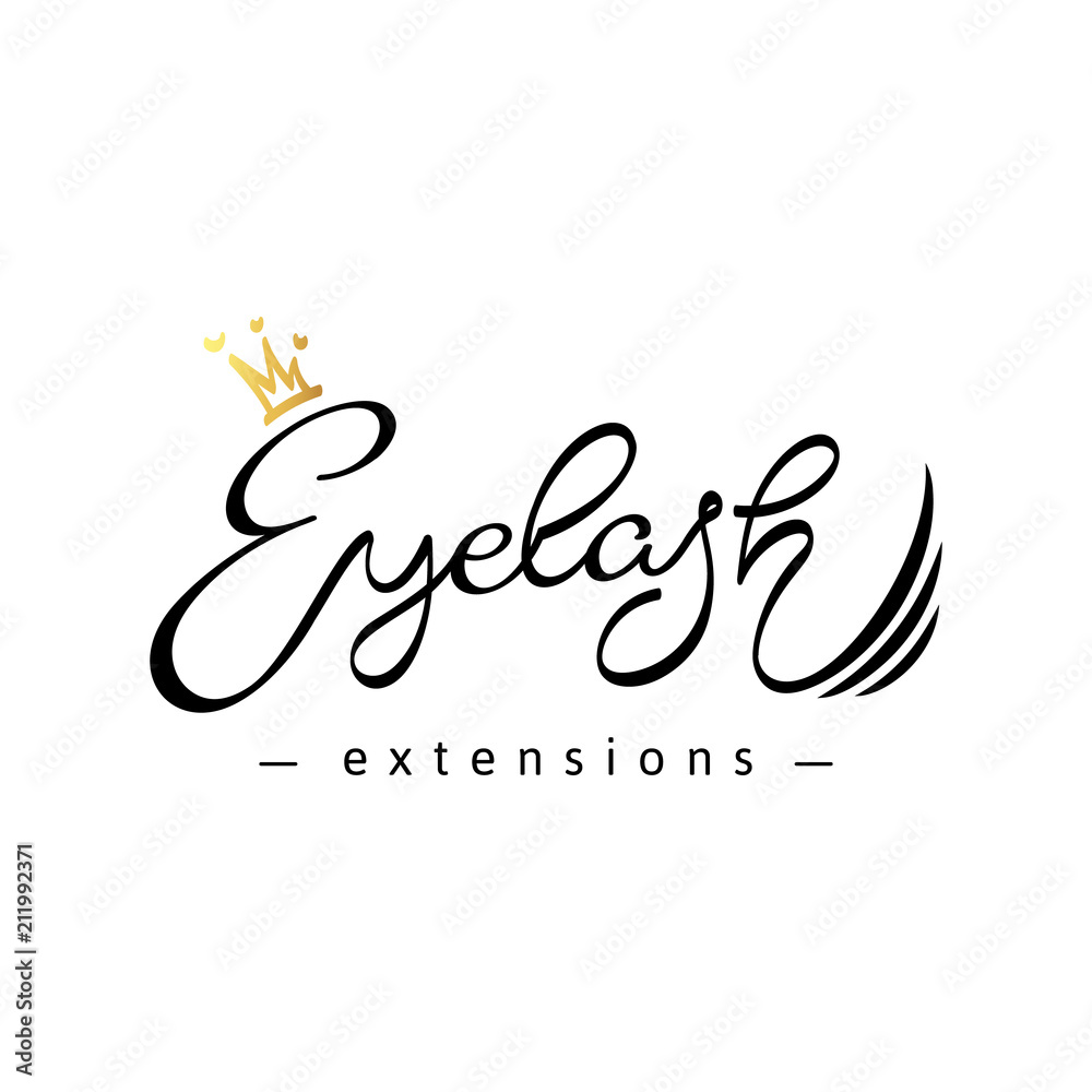 Eyelash extension logo. Handwritten lettering with a gold crown. Vector ...