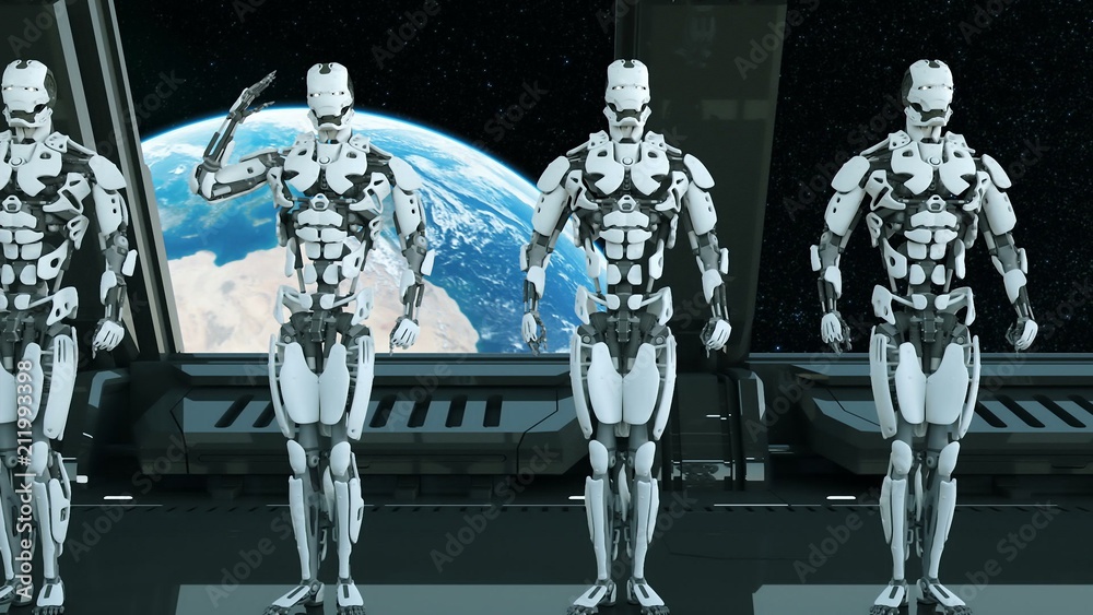 Robots soldiers on a spaceship salute against the background of the ...