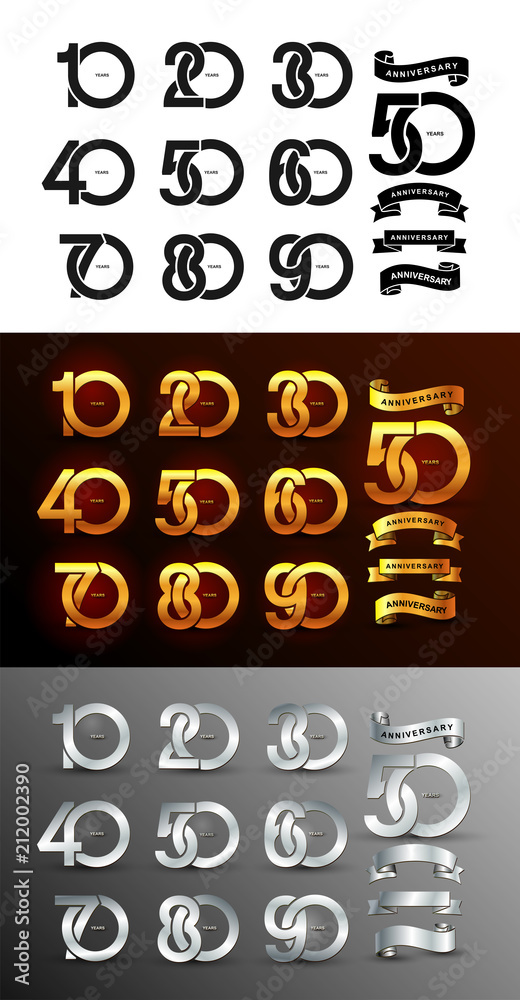 Set of anniversary pictogram icon. Flat design. 10, 20, 30, 40, 50, 60 ...