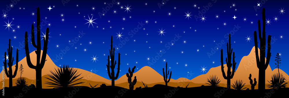 Desert at night, the stars shine. Desert with cactuses against the ...