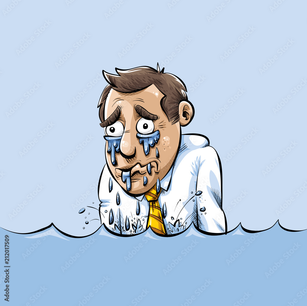 Cartoon illustration of a businessman yuppie crying and drowning in a ...