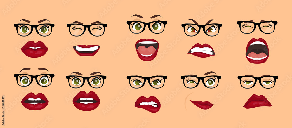 Comic emotions. Woman with glasses facial expressions, gestures ...