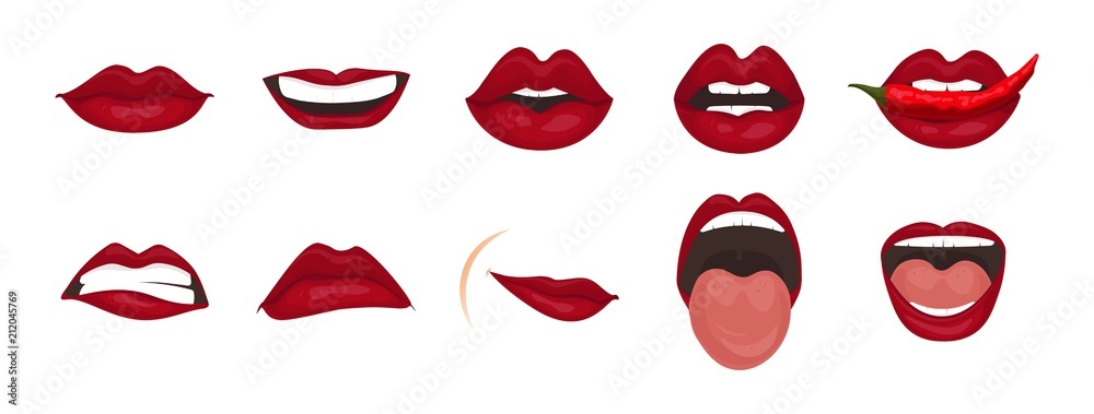 Cartoon Icons Set Isolated Cute Mouth Expressions Facial Gestures Lips