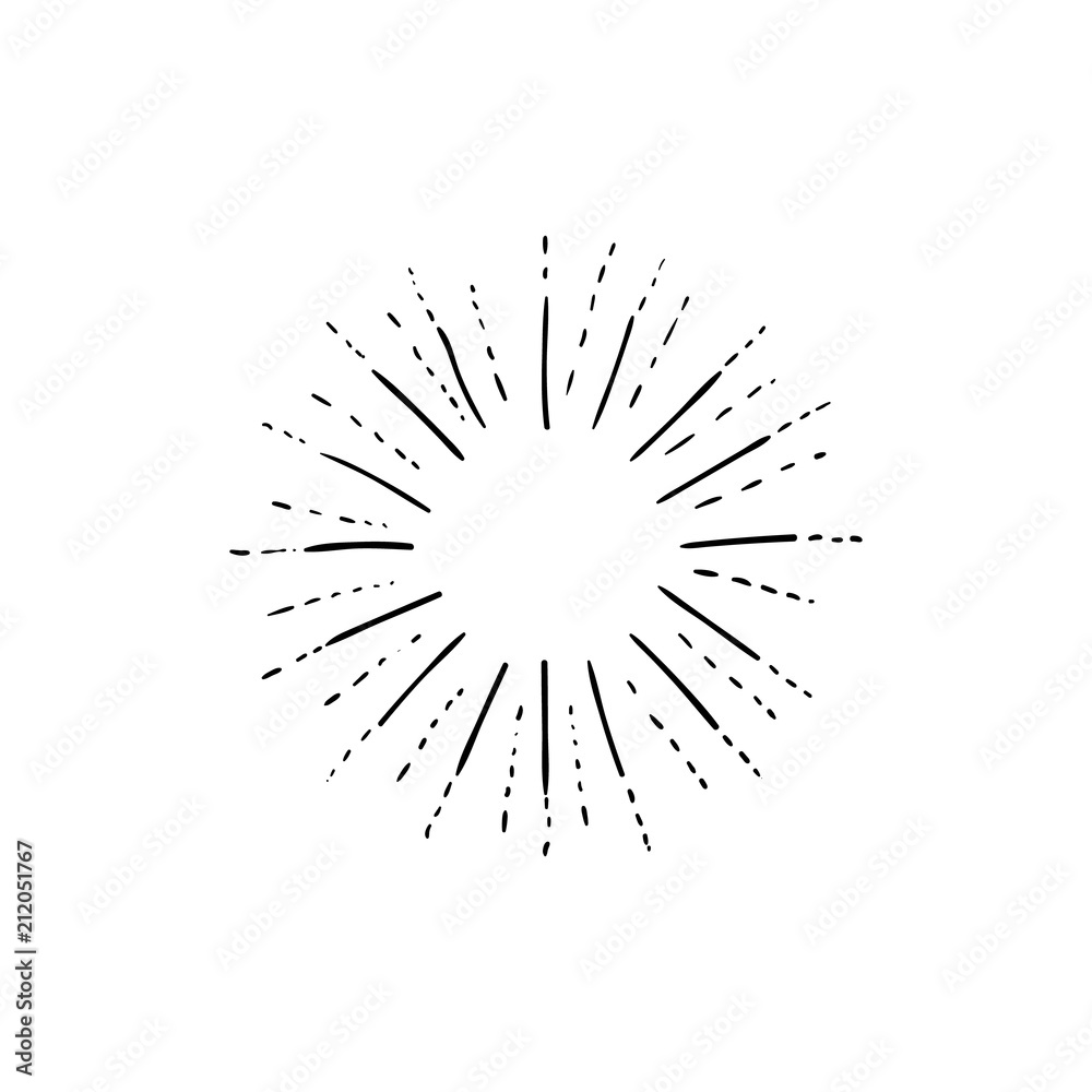 Vector Sun Rays Linear Drawing, Retro Style Illustration, Black Lines ...