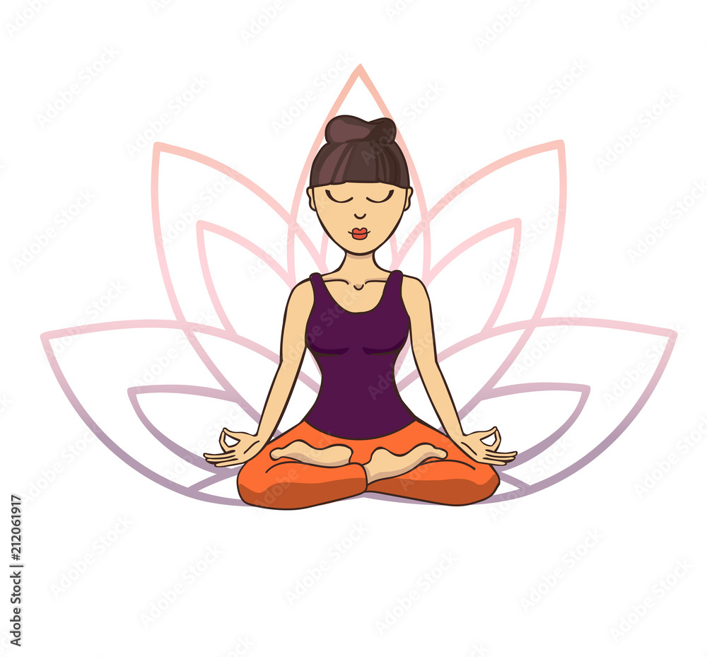 Vector doodle illustration of young cute asian girl meditating in lotus ...
