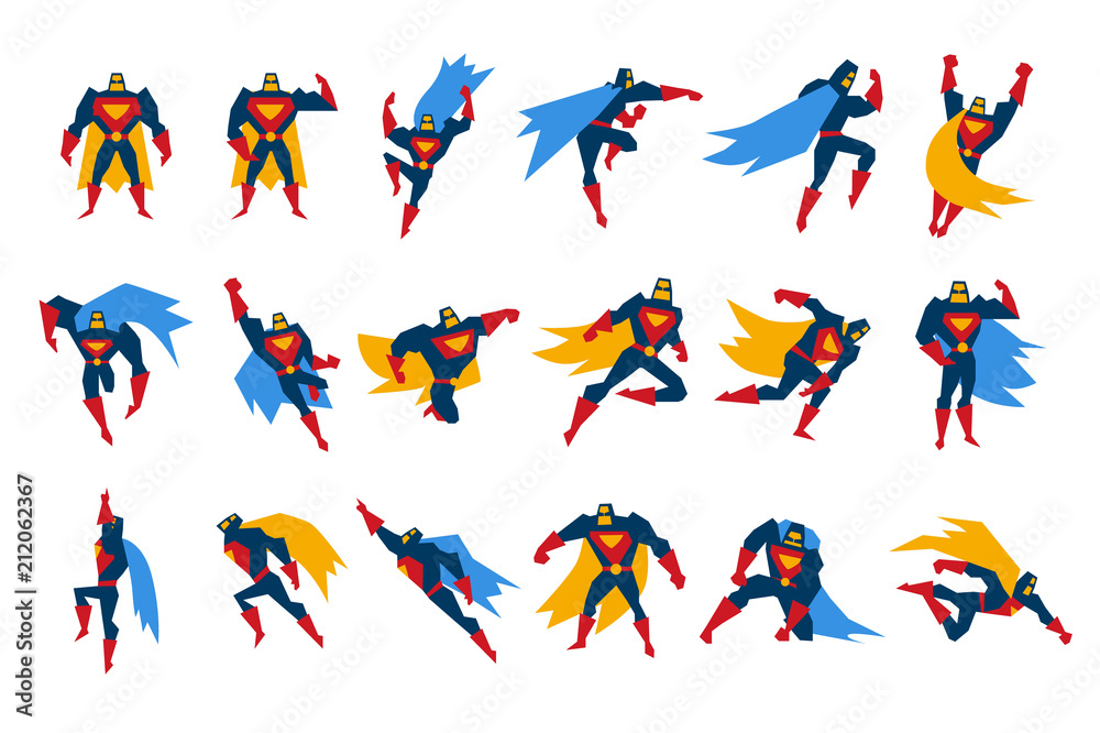 Superheroes characters set, man wearing colorful costumes on action ...