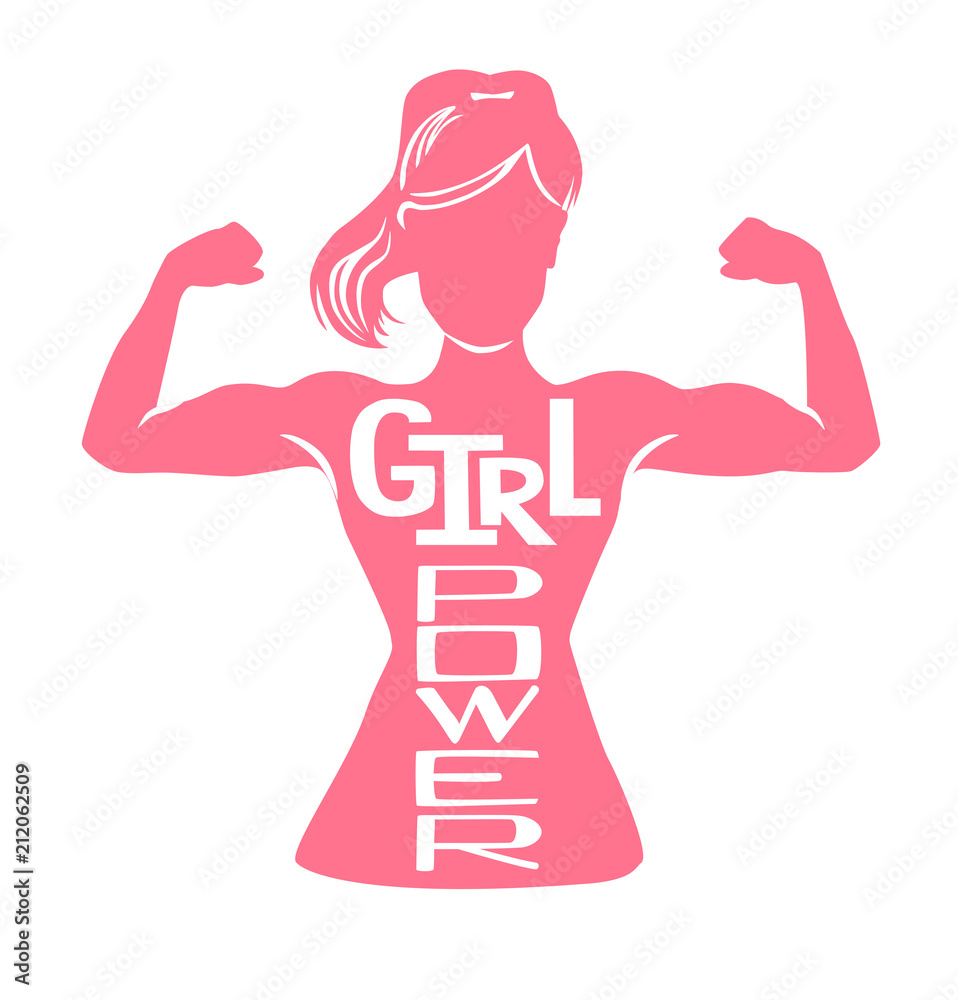 Girl power. Vector lettering illustration with pink female silhouette ...