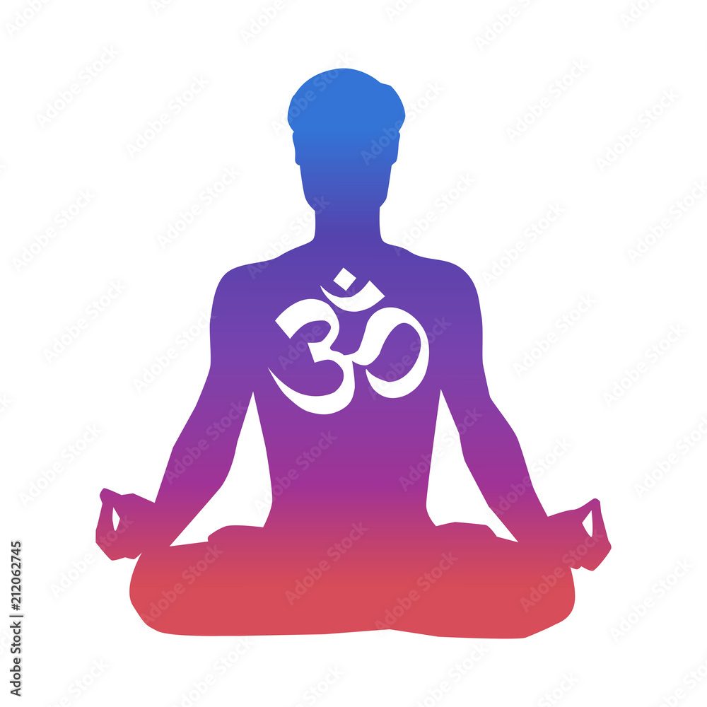 Vector illustration with meditating man, religious symbol Om and lotus ...