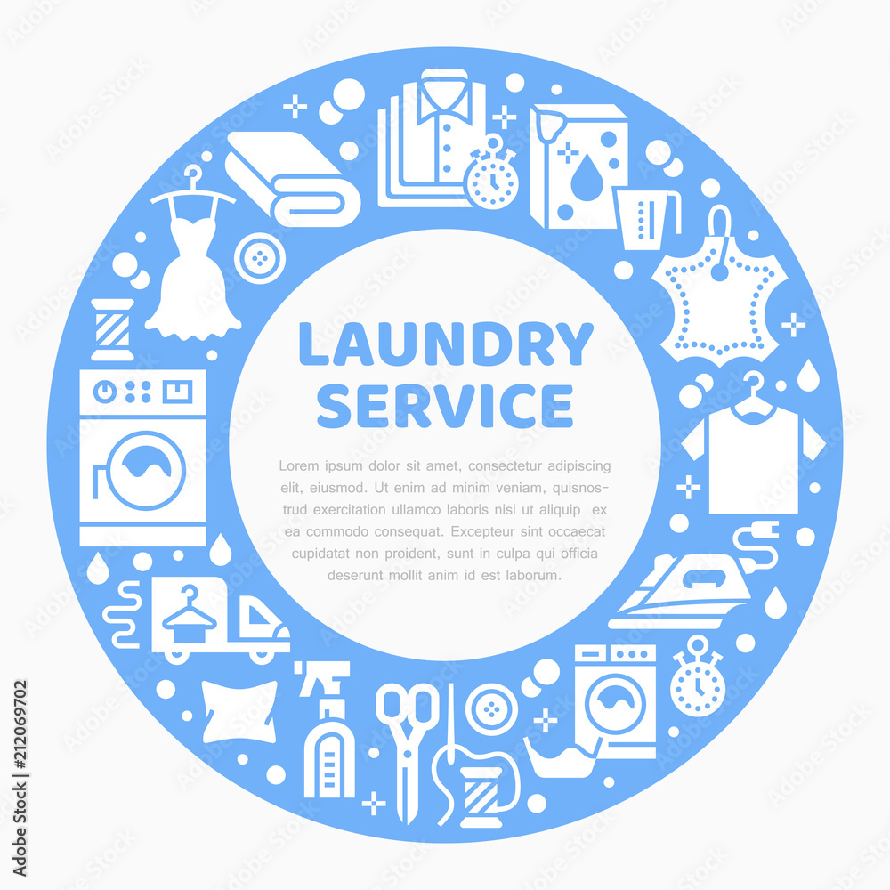 Dry cleaning, banner illustration with blue flat glyph icons. Laundry ...