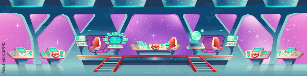 Vector cartoon interior of spaceship with control panels, virtual ...