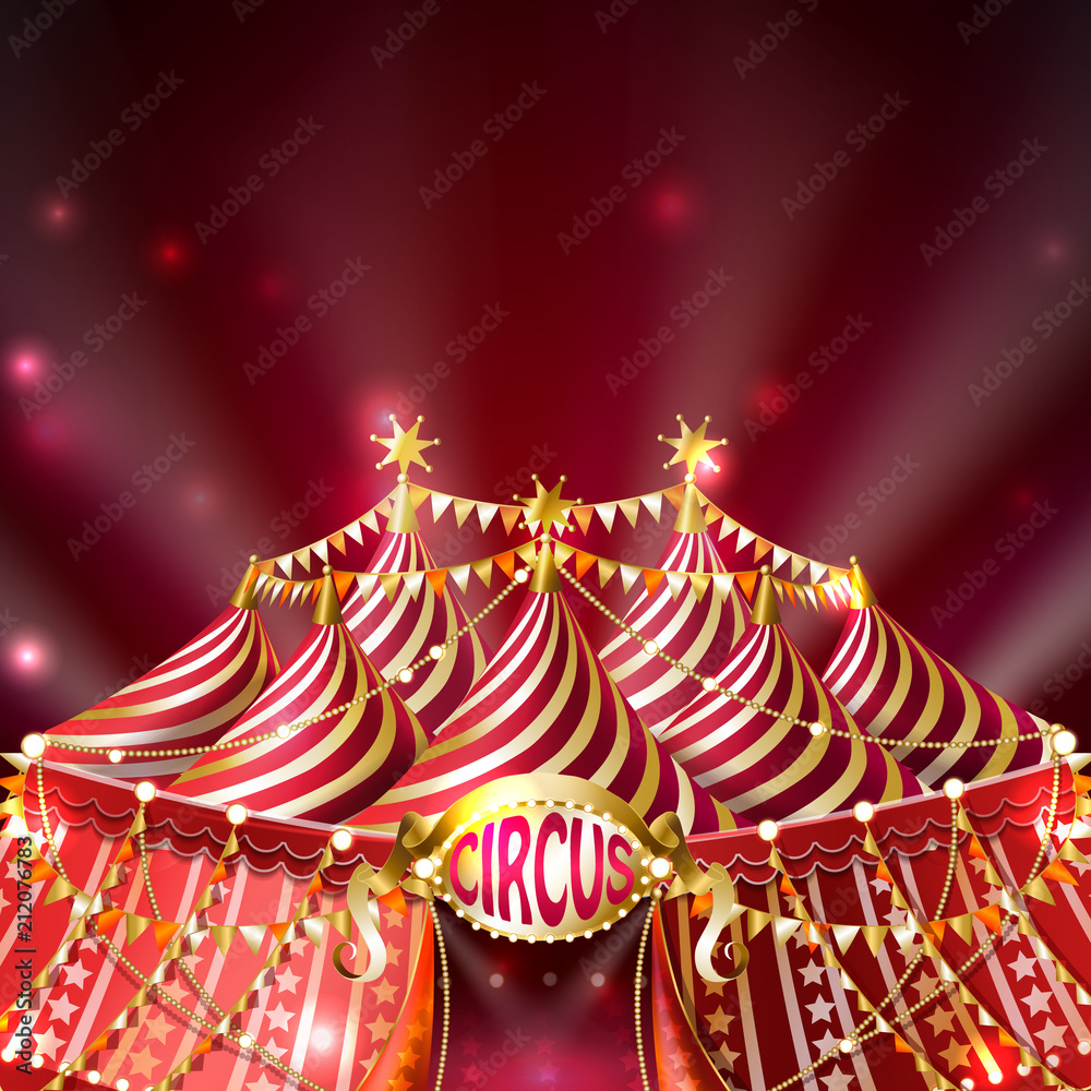 Vector striped circus tent with golden flags, stars and illuminated ...