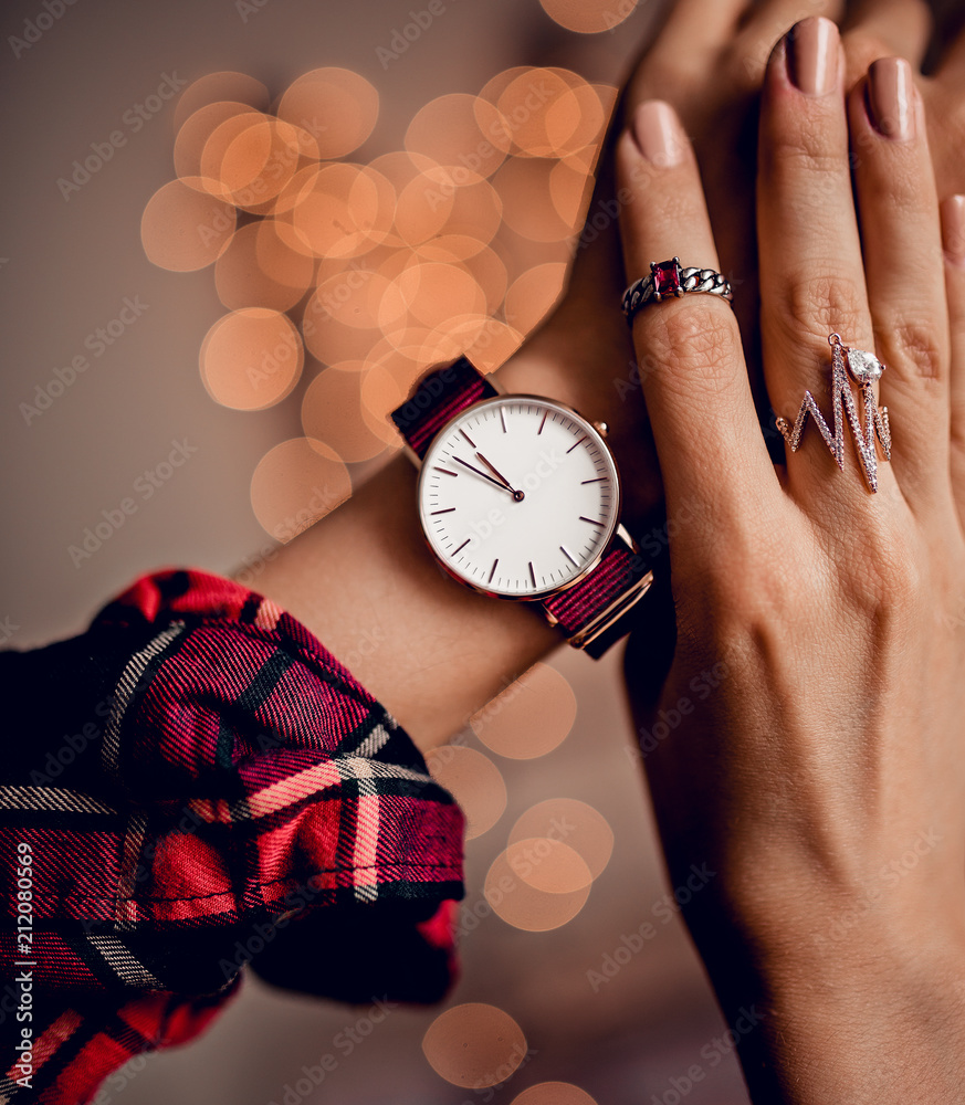 Trendy watch on woman hand Stock Photo | Adobe Stock