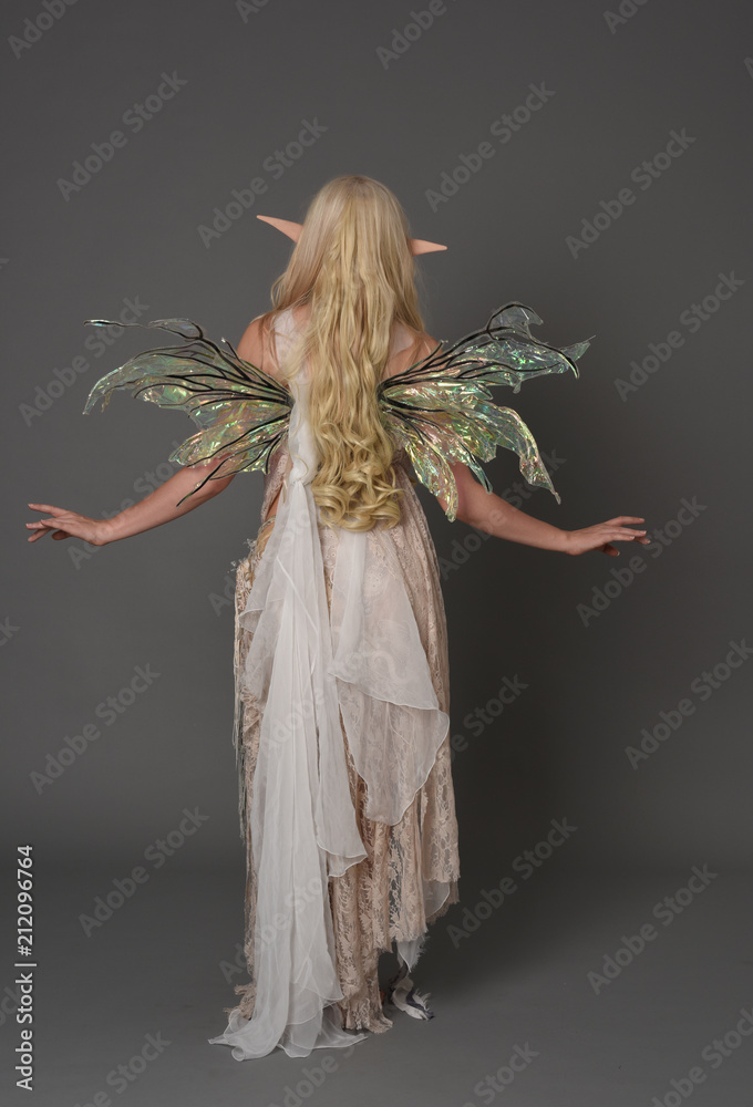 full length portrait blonde girl waring fairy costume, standing pose ...