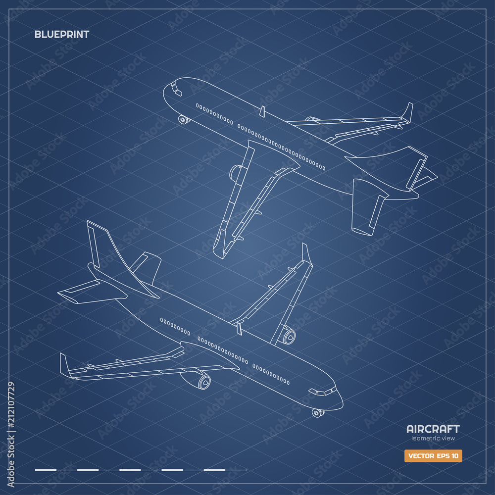 Civil isometric aircraft in outline style. Industrial blueprint of ...