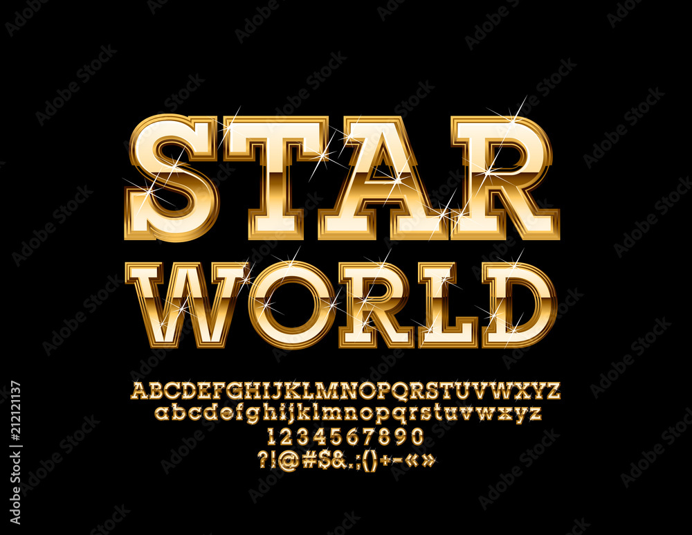 Vector Golden luxury sign Star World. Sparkling stars Font. Elite ...