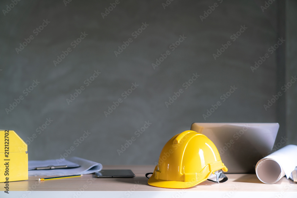 Top view desk work table architect with drawing home plan building and ...