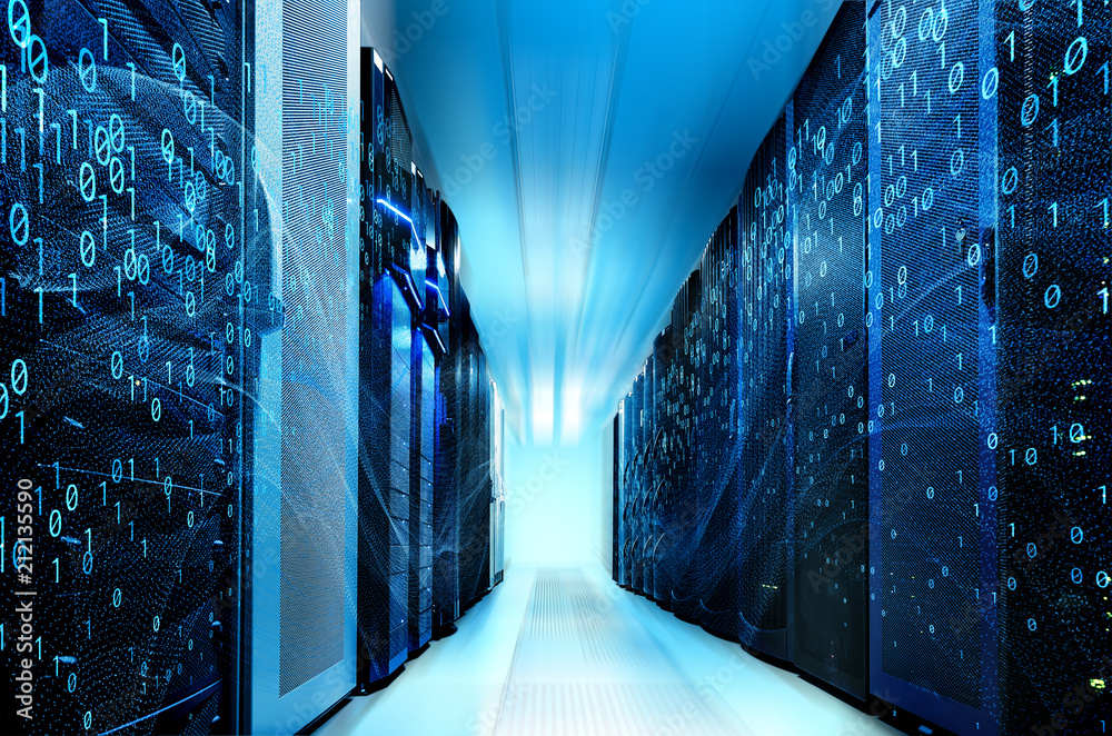 Abstract virtual digital stream flowing binary code and neon glowing ...