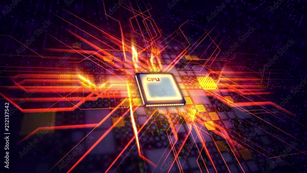 A hi-tech 3d rendering of a CPU processor placed askew in the violet ...