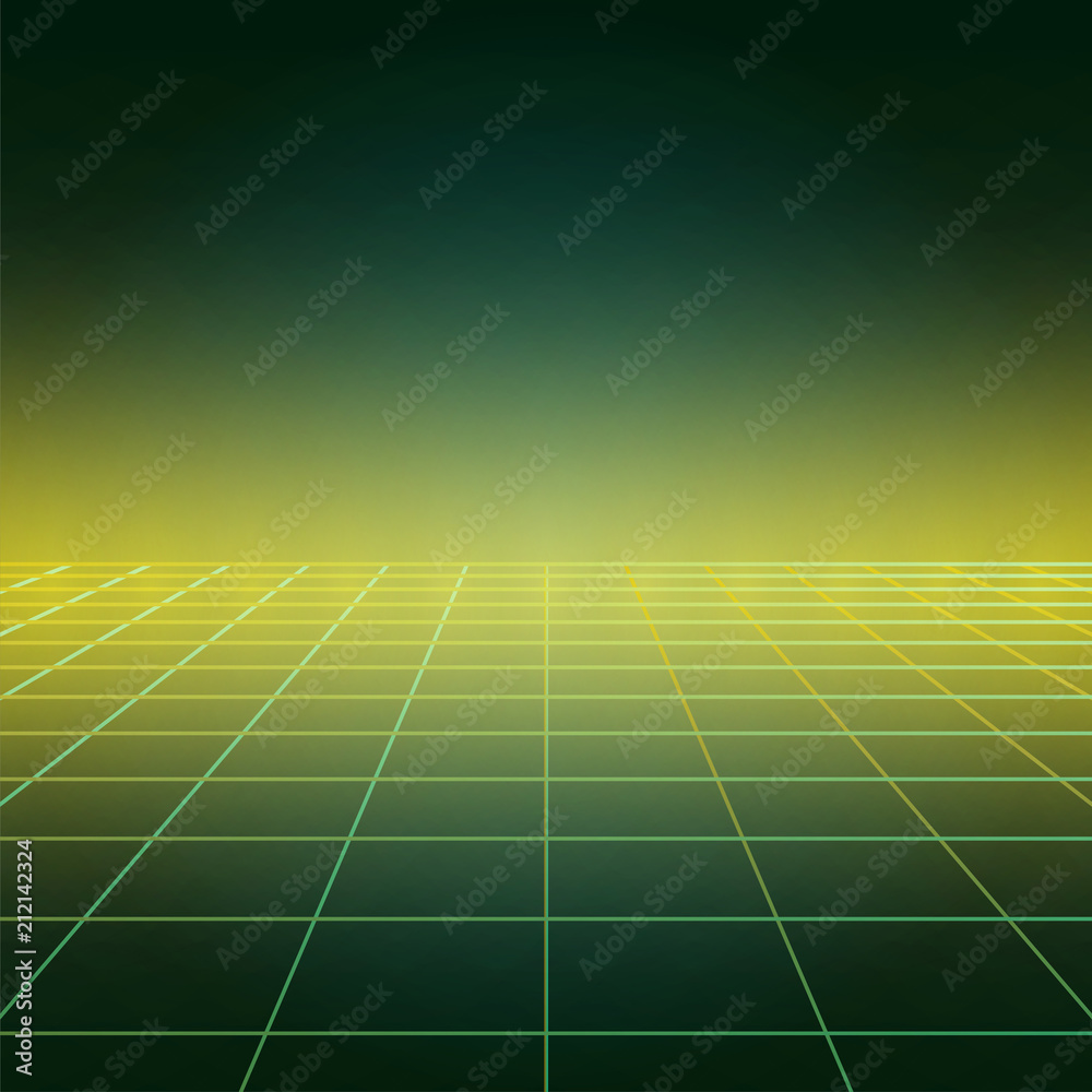 Disco floor, vintage dance background with neon green illumination ...