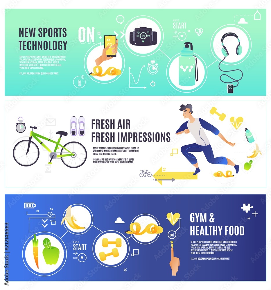 Sport and healthy lifestyle horizontal banners set with running man and ...
