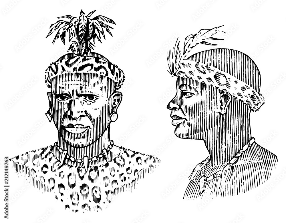 African tribes, portraits of Aborigines in traditional costumes ...