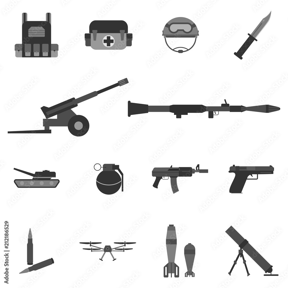 military armory and equipment gray color flat stlye icon set vector ...