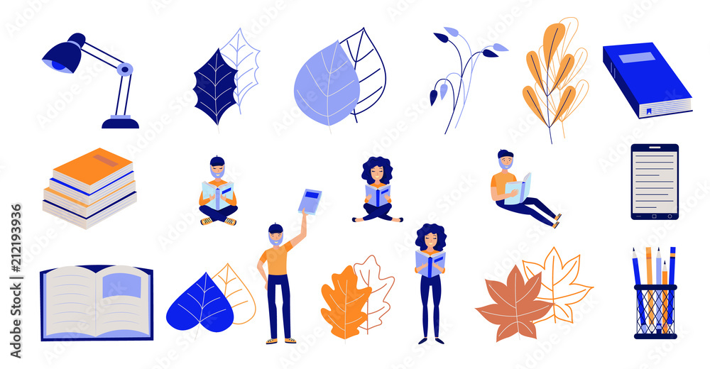 Education process set with flat cartoon characters with books reading ...