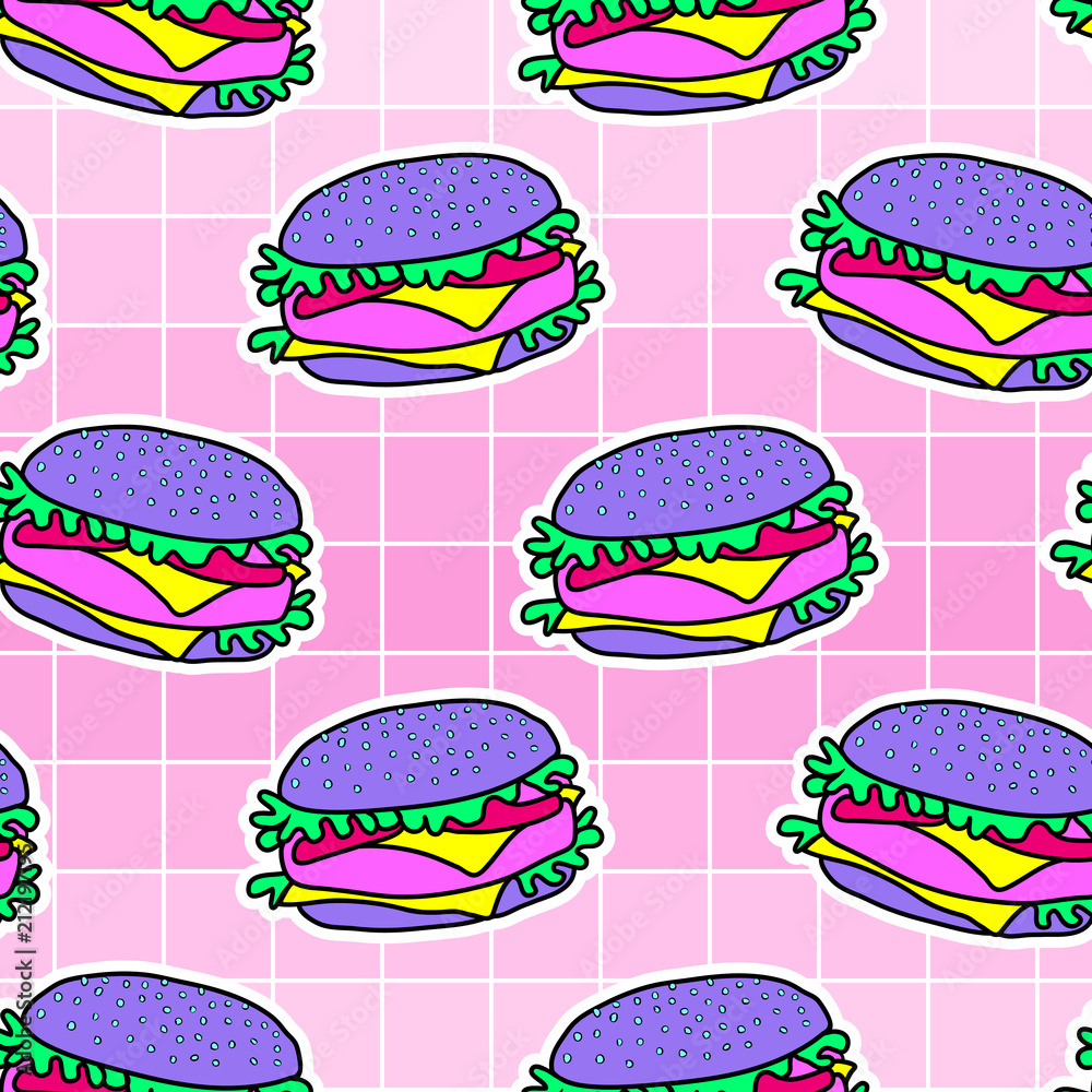 Acid psychedelic burger seamless pattern. Hamburger - fast food concept ...