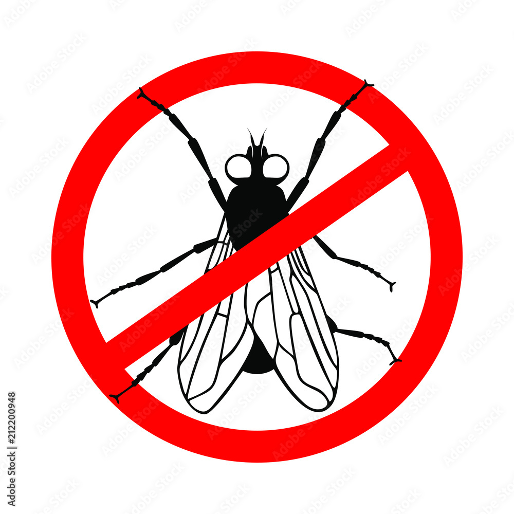 Stop the fly, insect pest, black silhouette, sign and symbol, flat ...