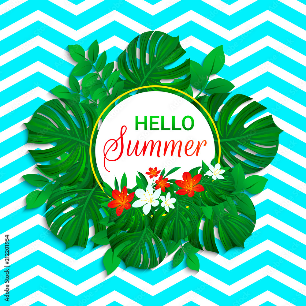Hello summer background. tropic design. Exotic leaves, flowers with ...