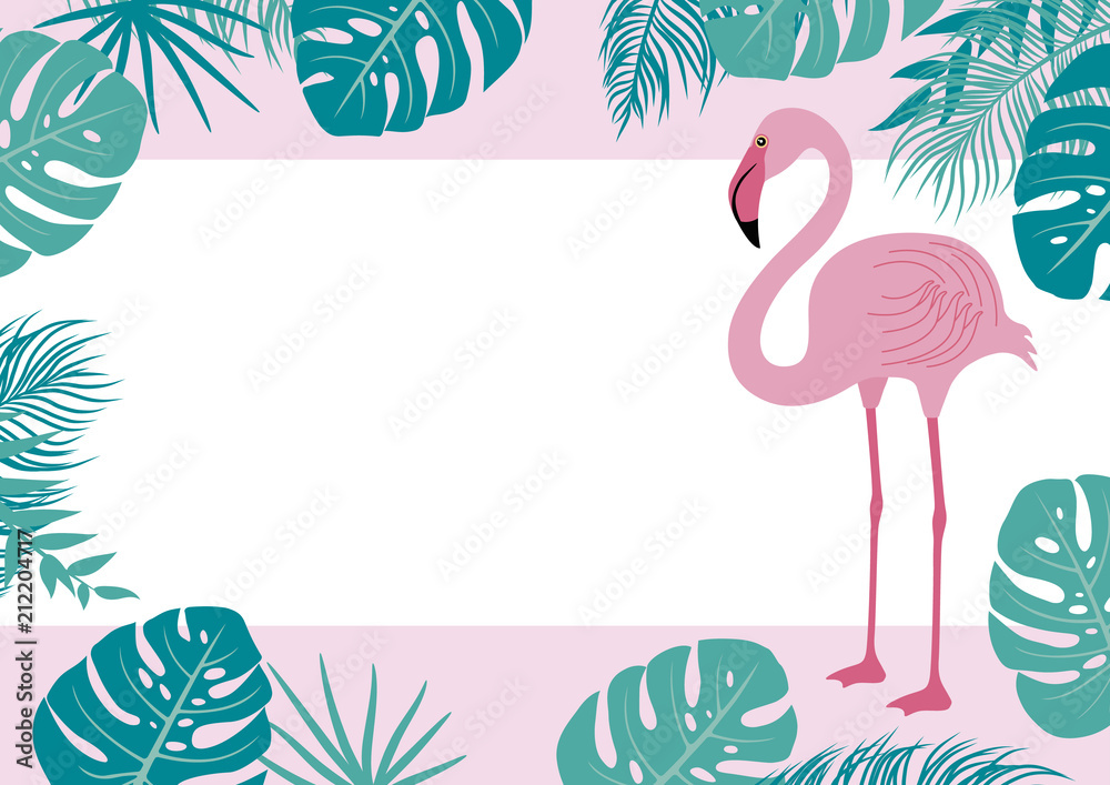 Summer banner of flamingo and tropical leaves vector illustration Stock ...
