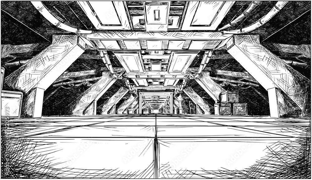 Comic pen and ink cartoon concept art drawing of dark abstract sci fi ...