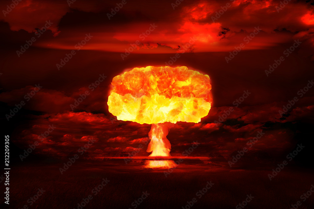 Atomic bomb realistic explosion, red color with smoke on black ...
