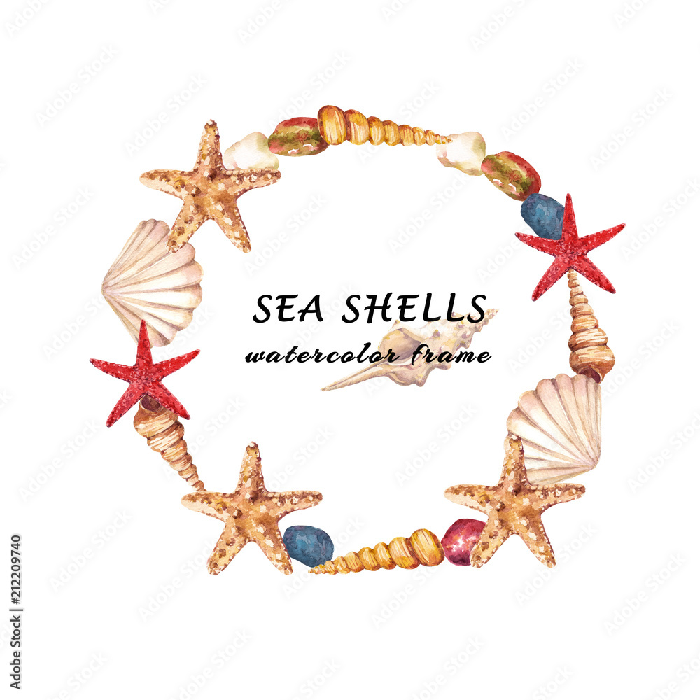 Watercolor aquatic round frame with sea shells, starfish and stones ...