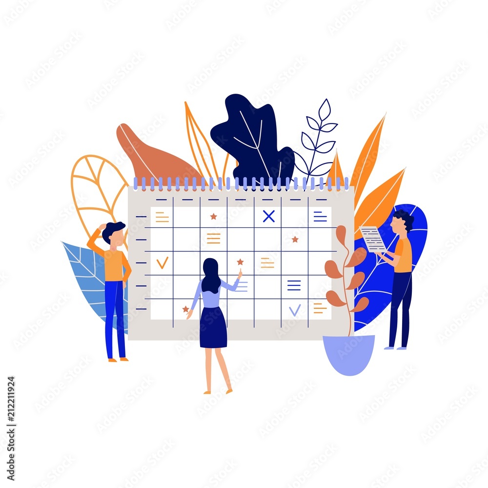 Planning and organizing work process with people marking dates and ...