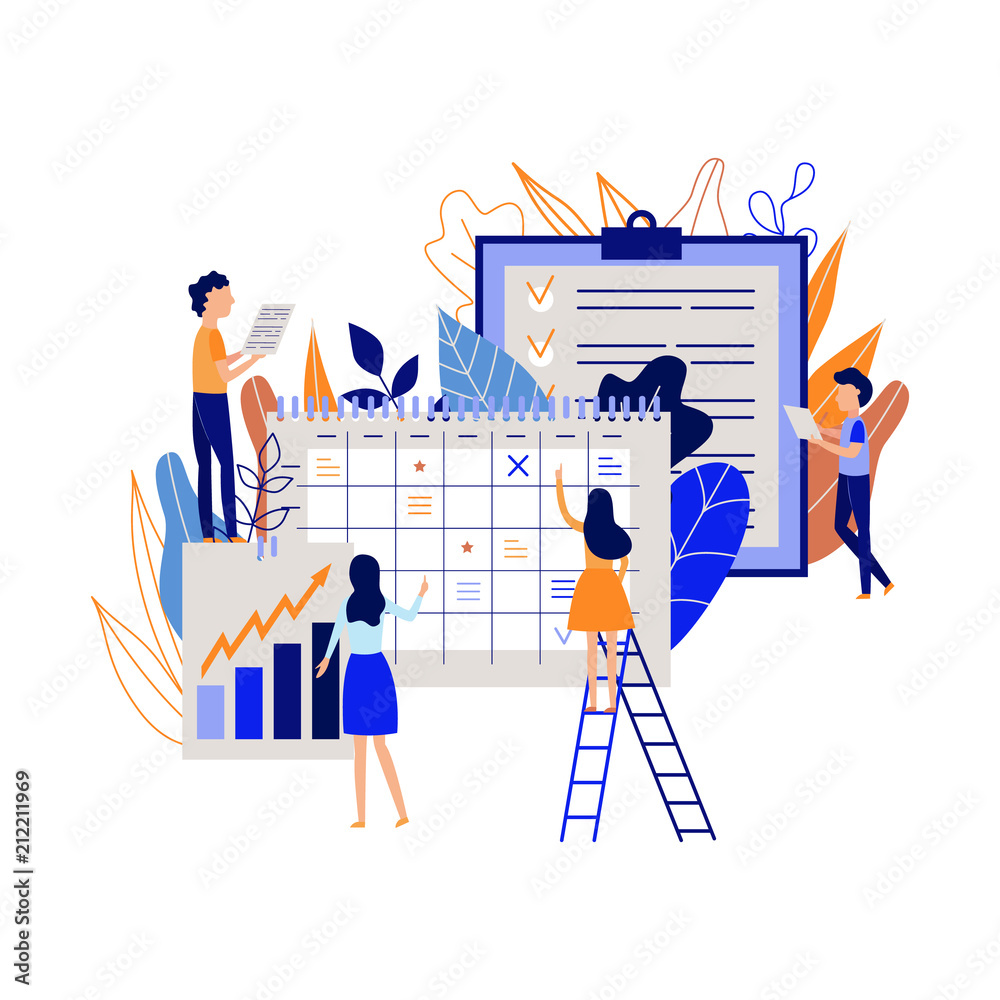 Workflow planning concept with people marking dates and recording tasks ...