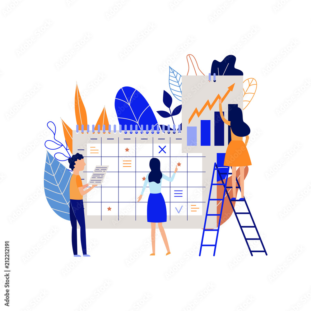 Planning and organizing work process with people marking dates and ...