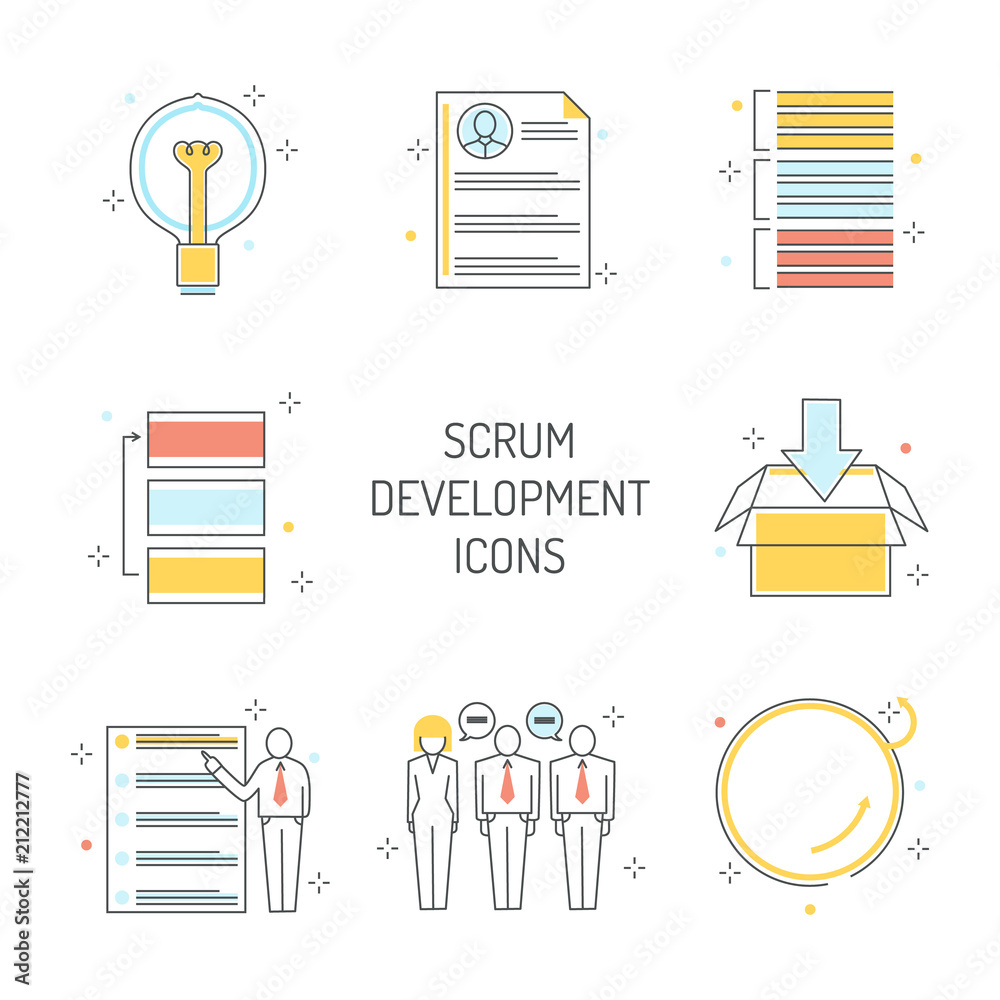 Scrum development icons set - agile methodology to manage project. Line ...