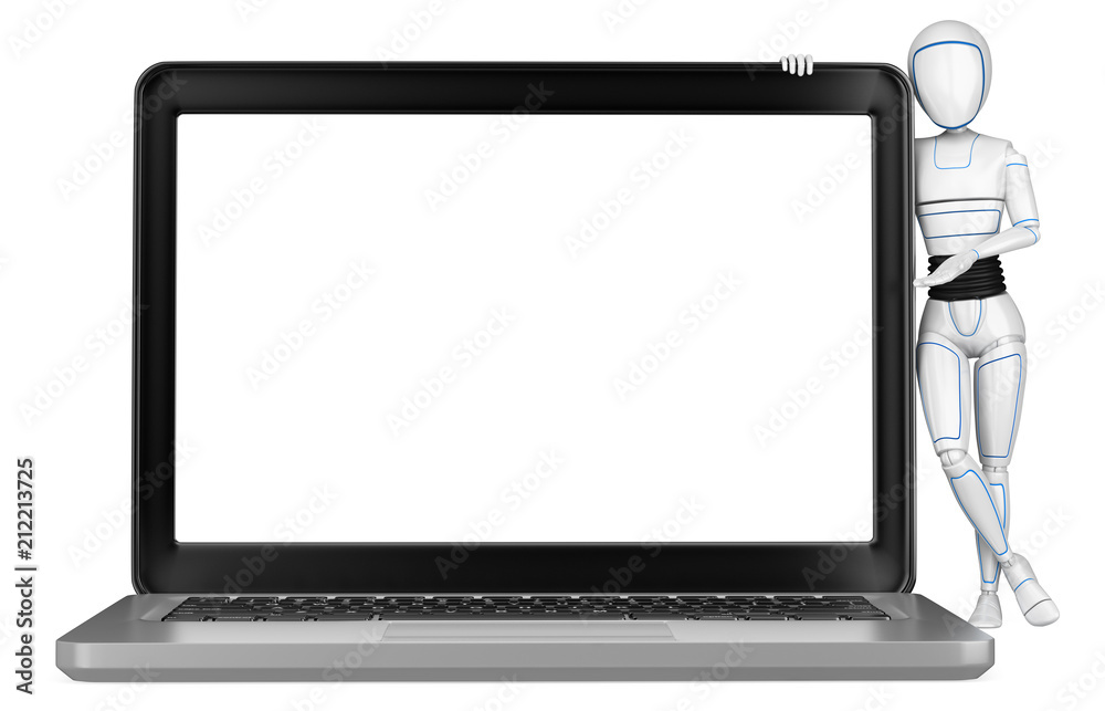 3D Humanoid robot leaning on a big laptop with blank screen Stock ...
