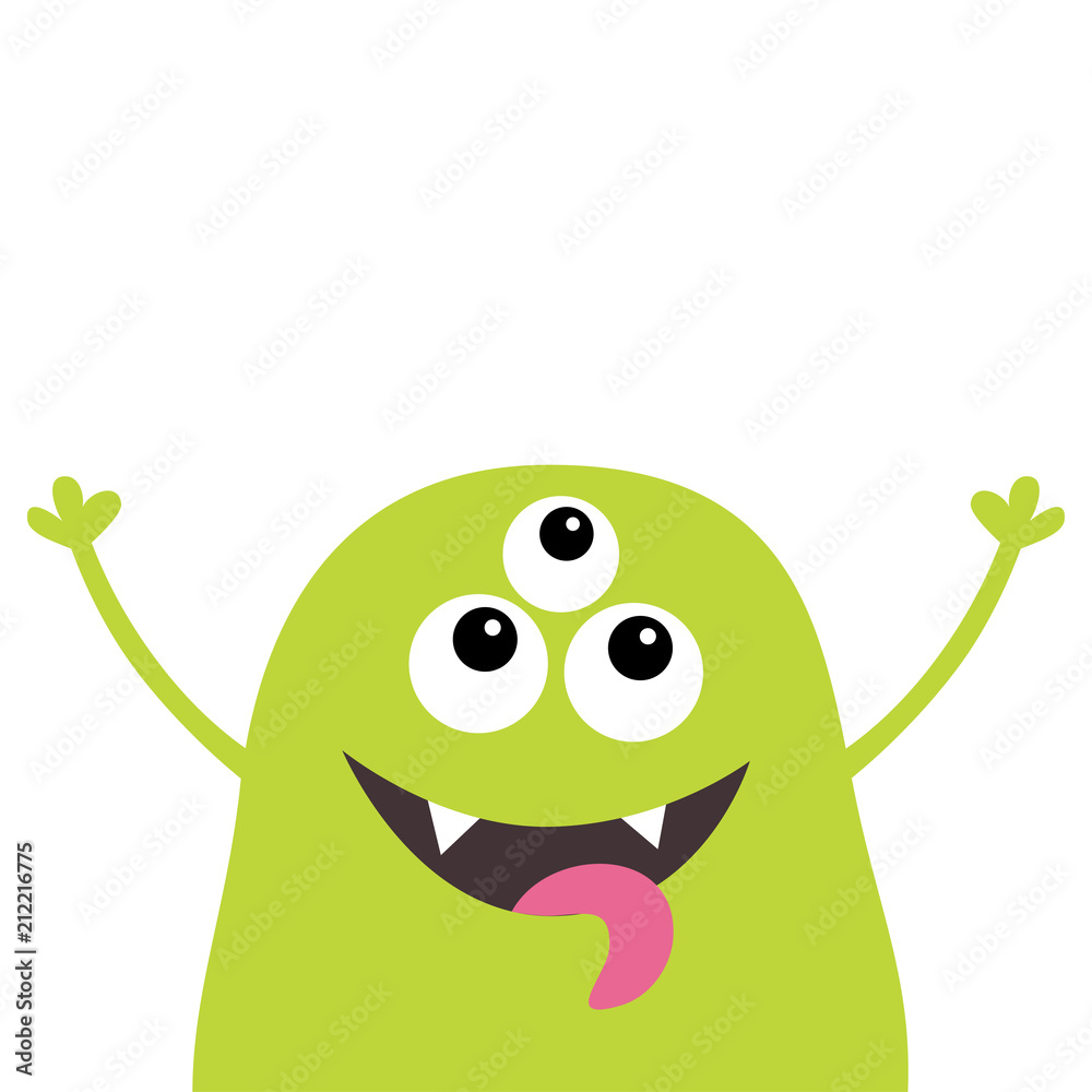 Monster scary screaming face head icon. Eyes, fang tooth, tongue, hands ...