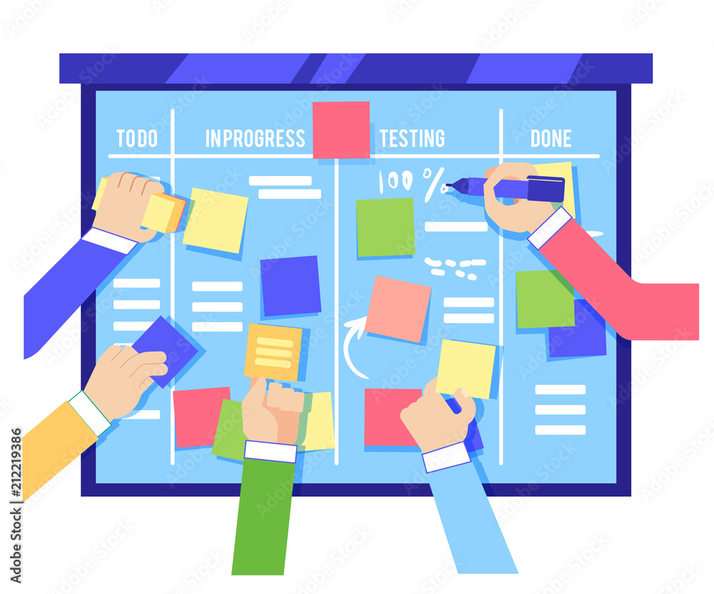 Scrum board concept with human hands sticking colorful papers and ...