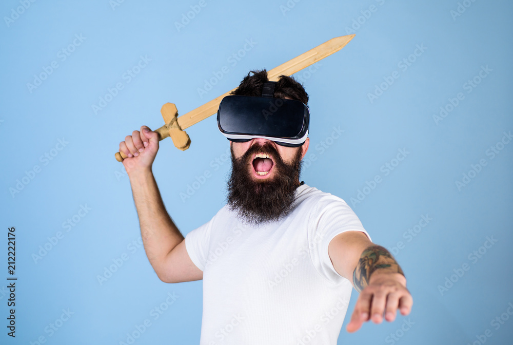 Hipster on shouting face enjoy play game in virtual reality. VR gamer ...