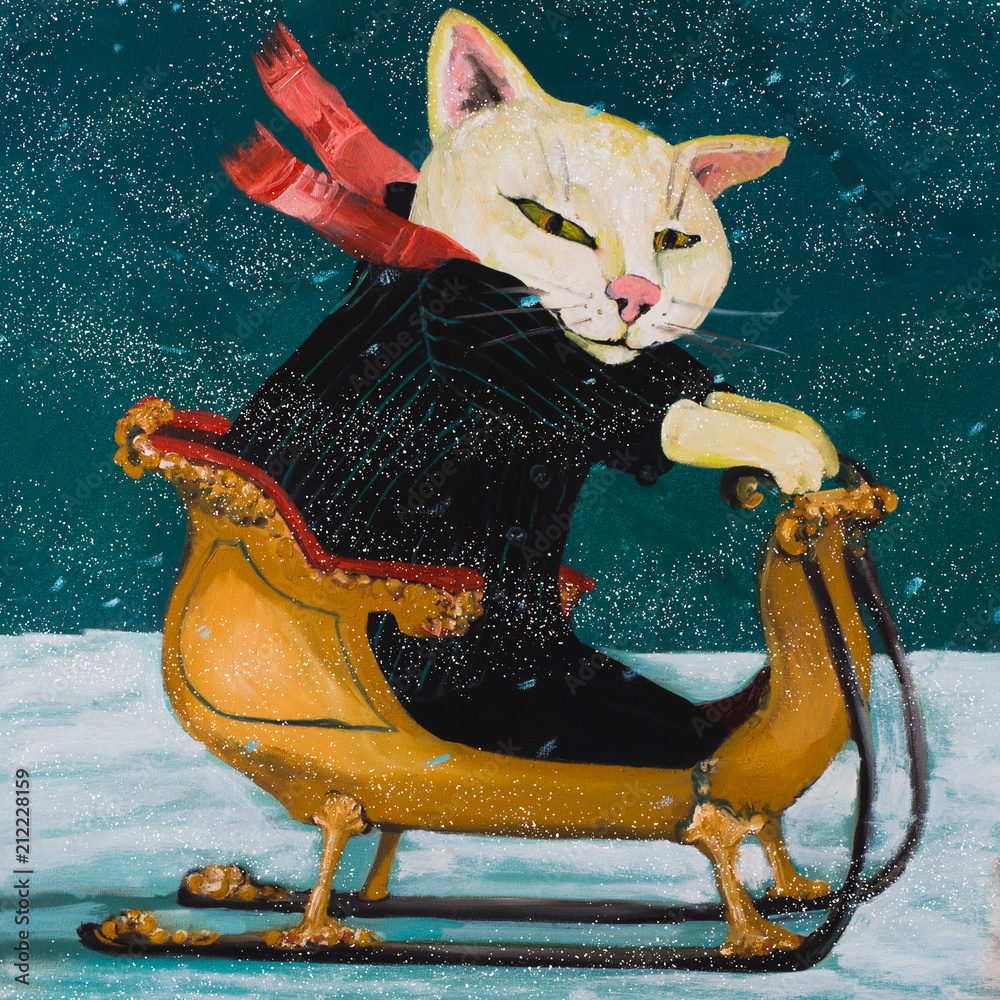 Funny happy cat in a sled. Winter scene, illustration, oil painting ...