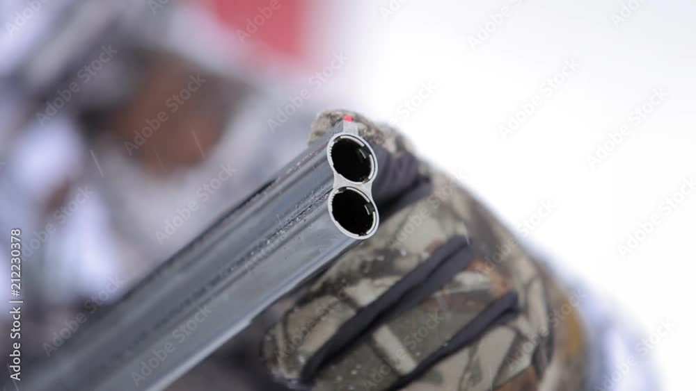 A close-up of the double-barrel rifle. Man's hand hold a double-barrel ...