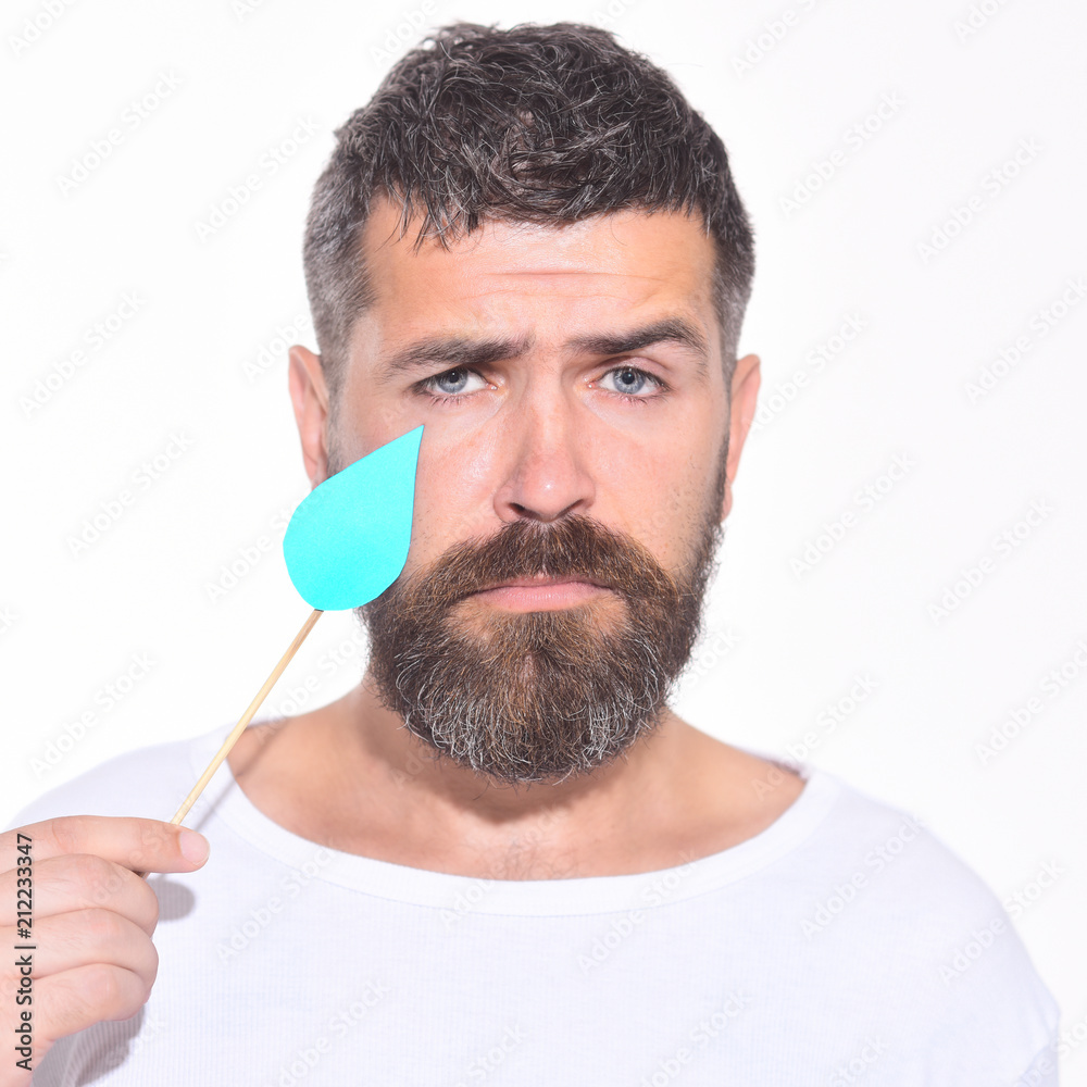 Sad emoji. Crying man in white shirt. Different emotions. Bearded man ...