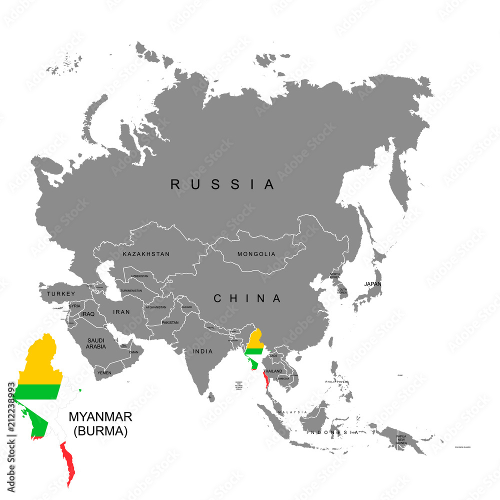 Territory of Myanmar on Asia continent. Flag of Myanmar. Vector ...